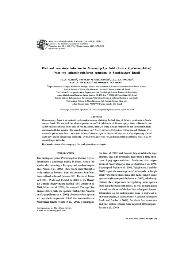 (PDF) Diet and nematode infection in Proceratoprhys boiei (Anura ...