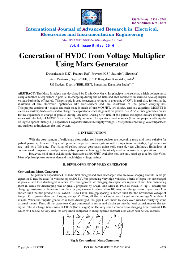 (PDF) Generation of HVDC from Voltage Multiplier Using Marx Generator