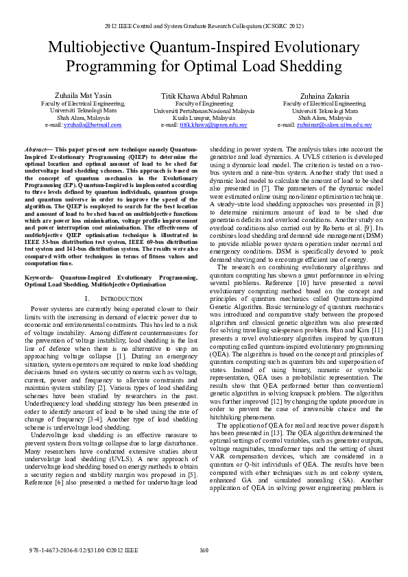 Pdf Multiobjective Quantum Inspired Evolutionary Programming For Optimal Load Shedding