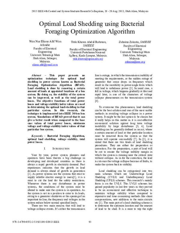 Pdf Optimal Load Shedding Using Bacterial Foraging Optimization Algorithm Zuhaina Zakaria