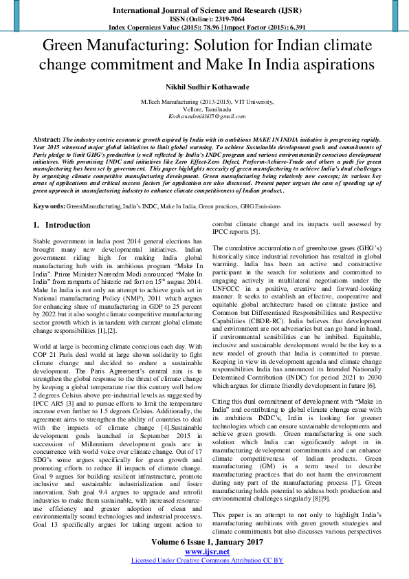 (PDF) Green Manufacturing: Solution for Indian climate change ...
