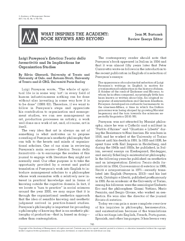 (PDF) Silvia Gherardi and Antonio Strati Luigi Pareyson’s Estetica ...