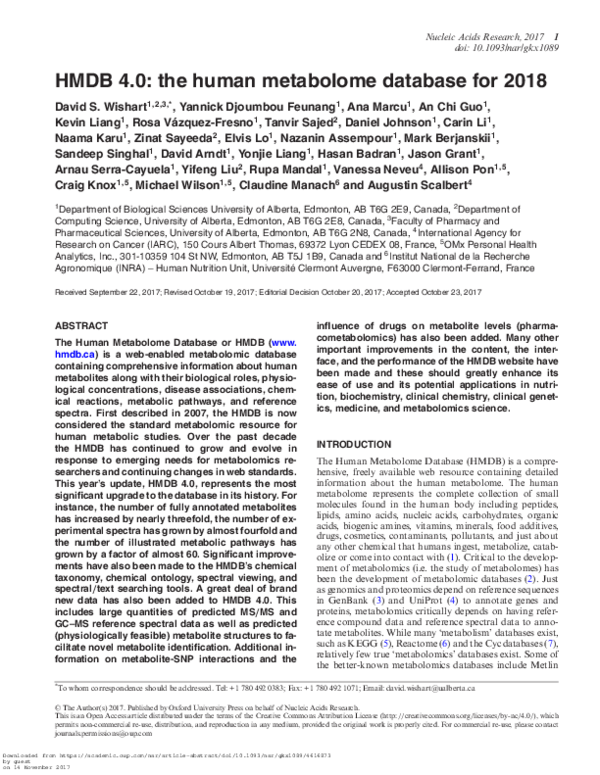 (PDF) HMDB 4.0: the human metabolome database for 2018