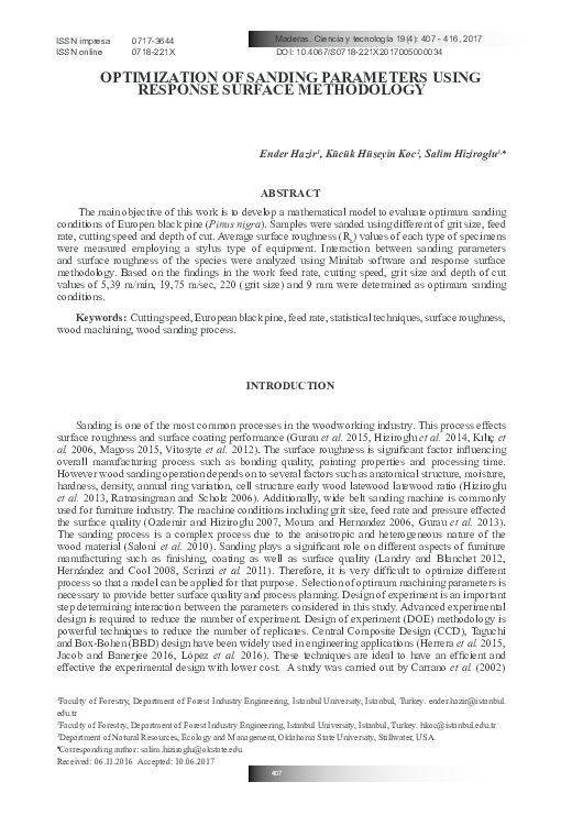 (PDF) Optimization of sanding parameters using response surface methodology