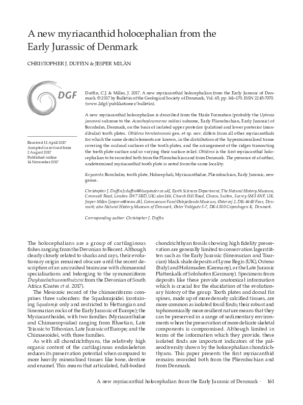 (PDF) A new myriacanthid holocephalian from the Early Jurassic of Denmark