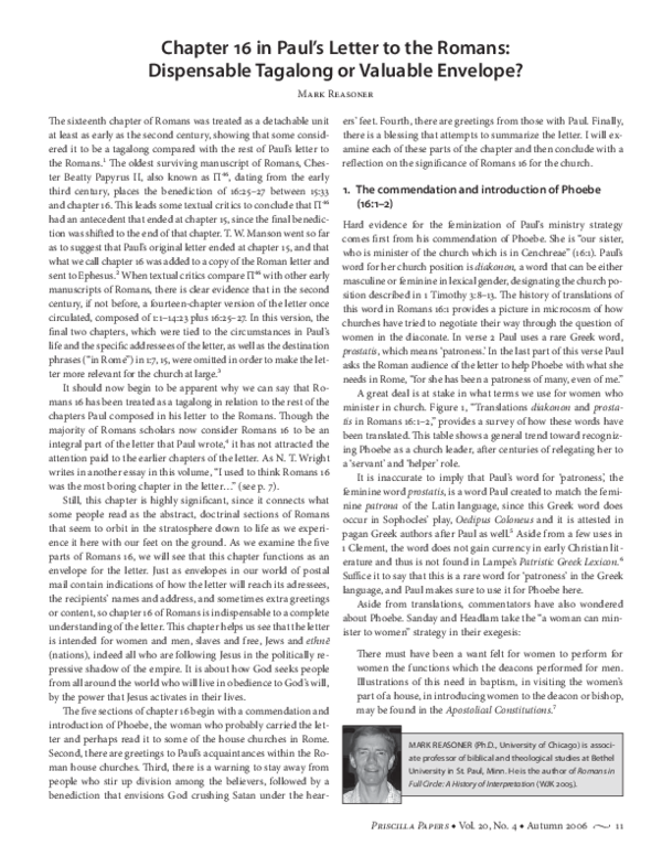 (PDF) Chapter 16 in Paul's Letter to the Romans: Dispensable Tagalong ...