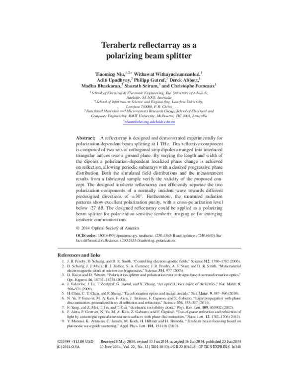 (PDF) Terahertz reflectarray as a polarizing beam splitter