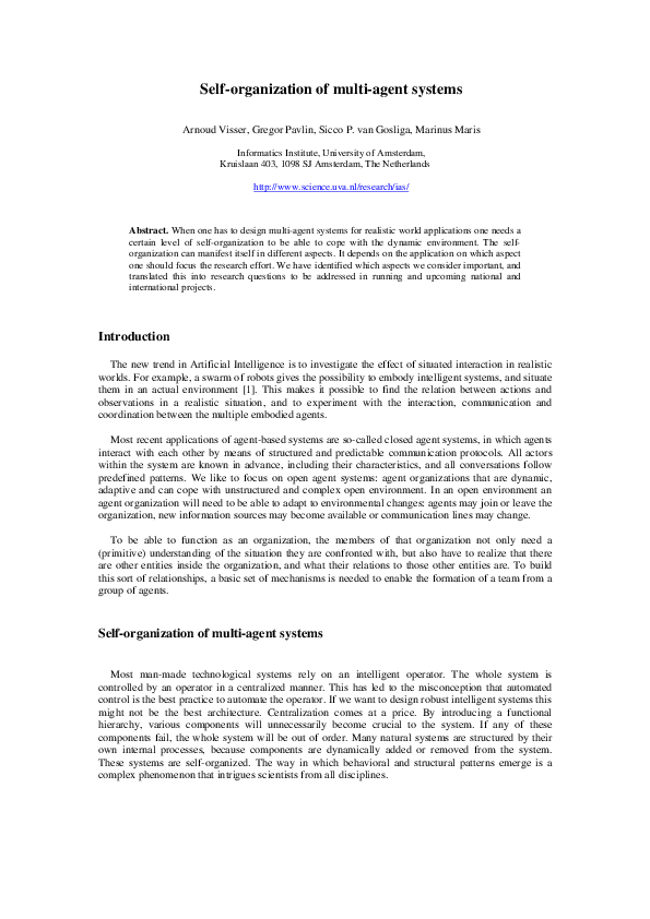 (PDF) Self-organization of multi-agent systems