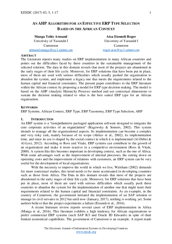 (PDF) AHP-based ERP Selection Model for Africa