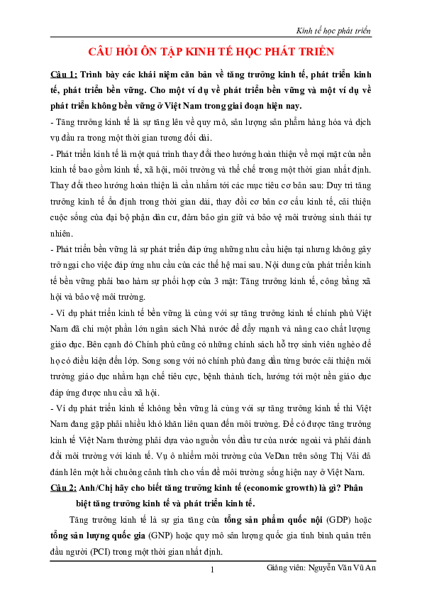 (DOC) Câu 1: Trình bày các khái ni m căn b n v tăng tr ng kinh t , phát tri n