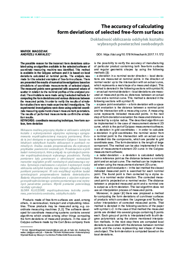 (PDF) The accuracy of calculating form deviations of selected free-form ...