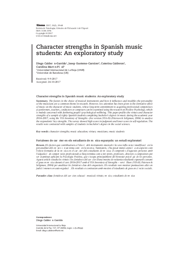 (PDF) Character strengths in Spanish music students: An exploratory ...