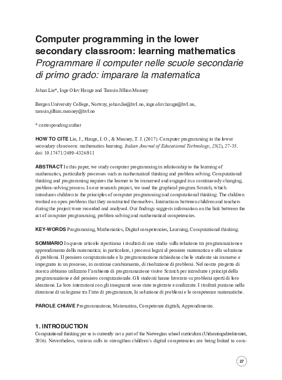 (PDF) Computer programming in the lower secondary classroom: learning ...