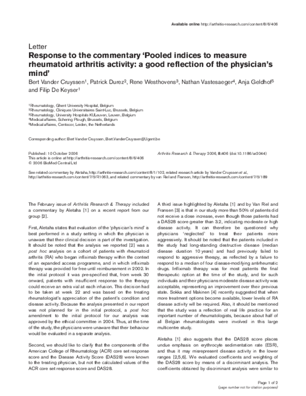 (PDF) Response to the commentary 'Pooled indices to measure rheumatoid ...