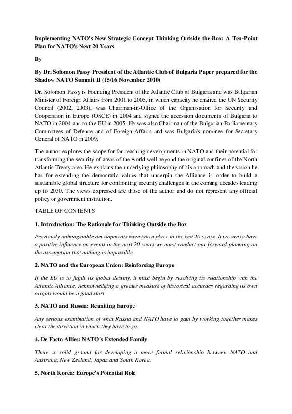Pdf Implementing Natos New Strategic Concept Thinking Outside The