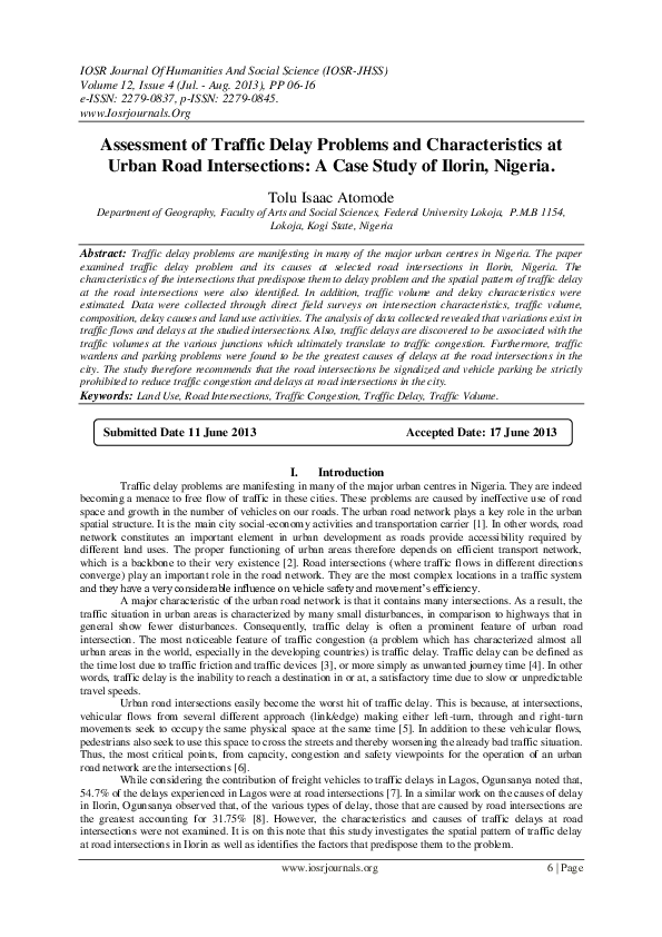 (PDF) Assessment of Traffic Delay Problems and Characteristics at Urban Road Intersections: A ...