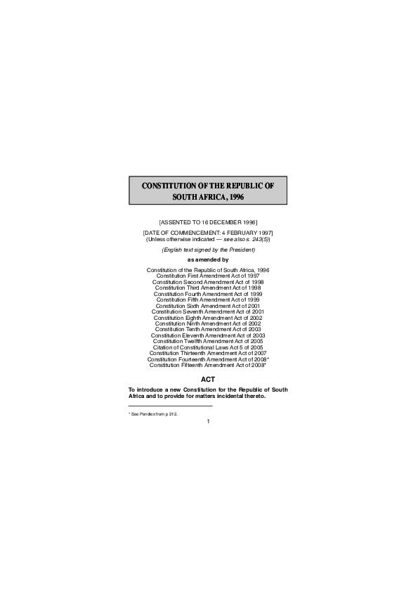 (PDF) CONSTITUTION OF THE REPUBLIC OF SOUTH AFRICA, 1996 ACT To ...