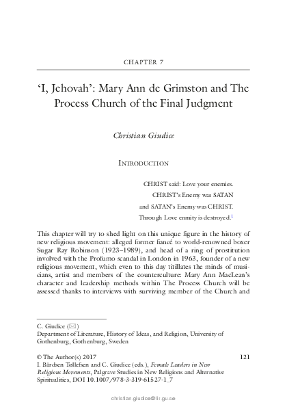 (PDF) ‘I, Jehovah’: Mary Ann de Grimston and The Process Church of the ...