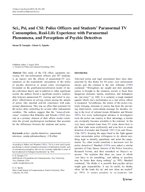 (PDF) Sci., Psi, and CSI: Police Officers and Students' Paranormal TV ...