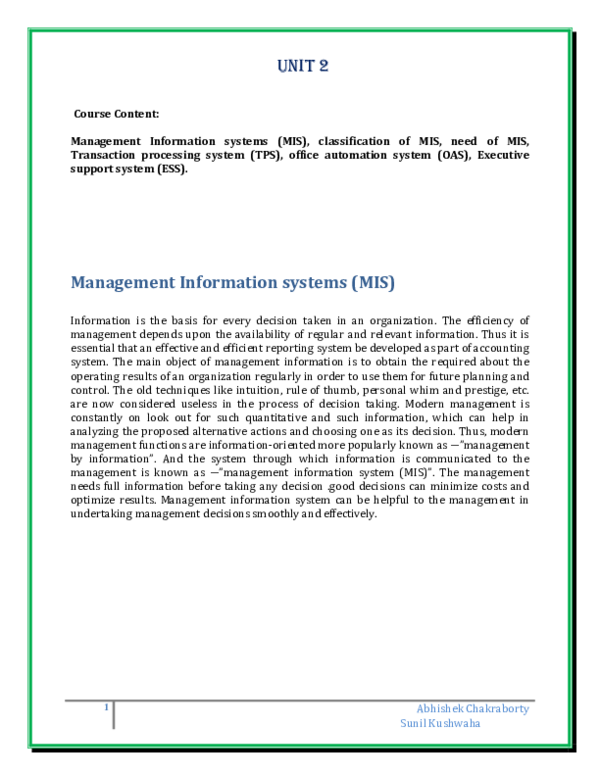 (PDF) UNIT 2 Course Content: Management Information systems (MIS ...