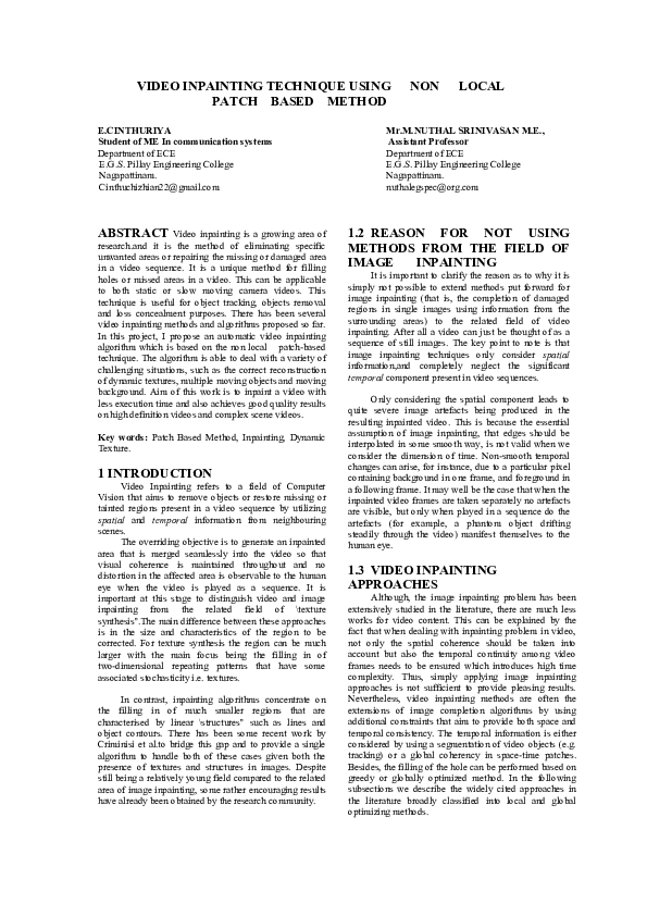 (PDF) VIDEO INPAINTING TECHNIQUE USING NON LOCAL PATCH BASED METHOD