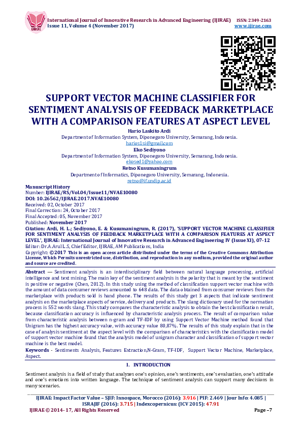 (PDF) SUPPORT VECTOR MACHINE CLASSIFIER FOR SENTIMENT ANALYSIS OF FEEDBACK MARKETPLACE WITH A ...
