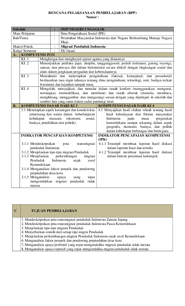 (DOC) RPP Kelas 9 Semester 1 Bab 2 "Migrasi Penduduk"