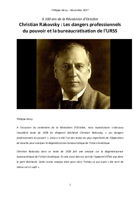 (PDF) Christian Rakovsky : Les dangers professionnels du pouvoir et la ...