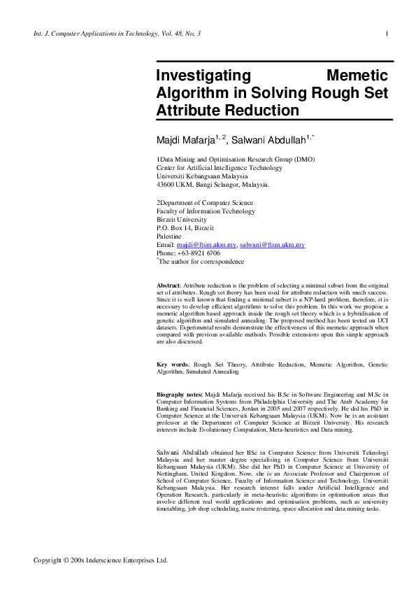 Pdf Investigating Memetic Algorithm In Solving Rough Set Attribute Reduction Majdi Mafarja