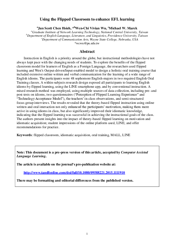(PDF) Using the Flipped Classroom to enhance EFL learning