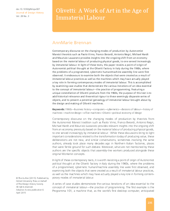 (PDF) Olivetti: A Work of Art in the Age of Immaterial Labour