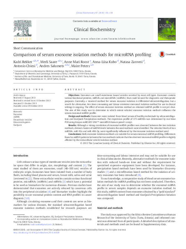 (PDF) Comparison of serum exosome isolation methods for microRNA profiling