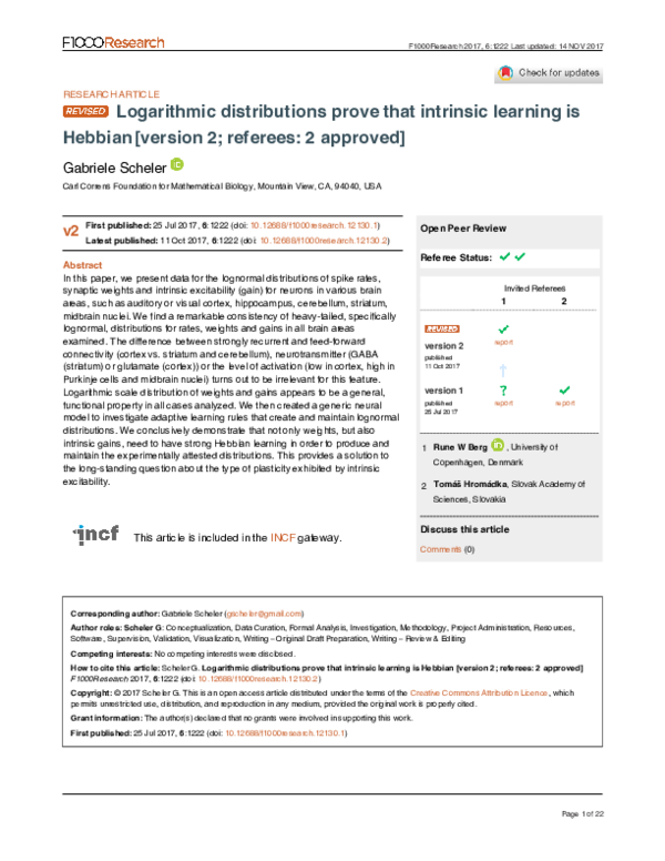 (PDF) Logarithmic distributions prove that intrinsic learning is Hebbian
