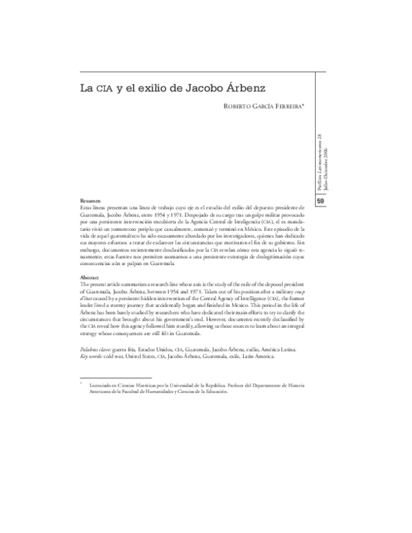 (PDF) La cia y el exilio de Jacobo Árbenz en Perfiles Latinoamericanos ...