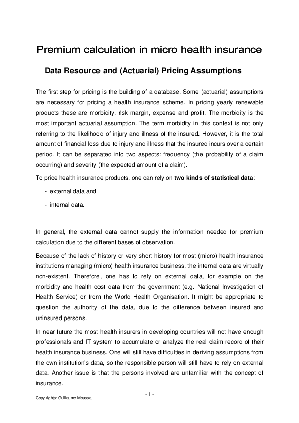 (PDF) Premium calculation in micro health insurance Data Resource and ...