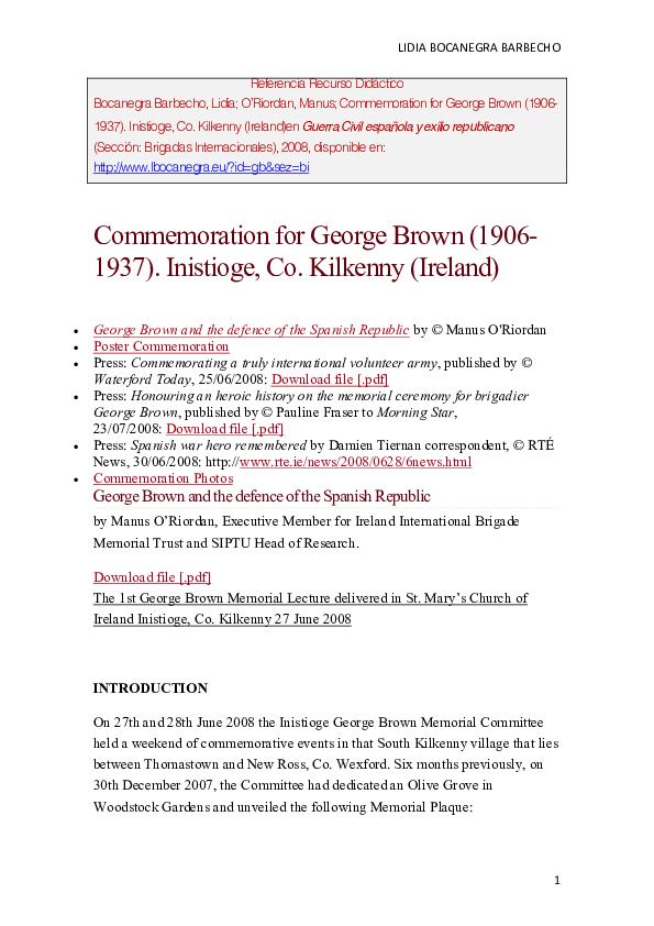 (PDF) Commemoration for George Brown (1906- 1937). Inistioge, Co ...