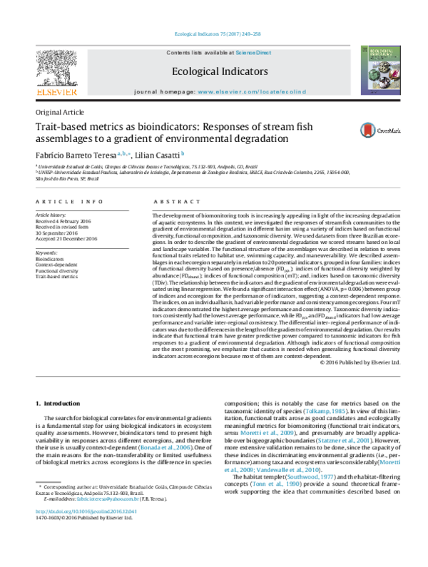 (PDF) Trait-based metrics as bioindicators: Responses of stream fish ...