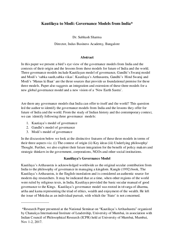 (PDF) Kautilaya to Modi: Governance Models from India