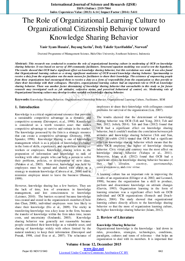 (PDF) The Role of Organizational Learning Culture to Organizational Citizenship Behavior toward ...