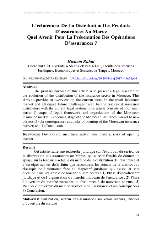 Maroc - Loi n°1999-17 portant Code des assurances, promulgue le