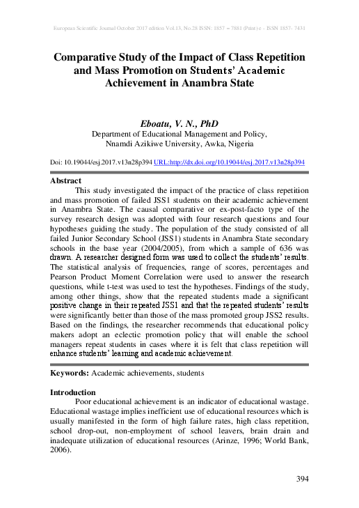 (PDF) Comparative Study of the Impact of Class Repetition and Mass ...