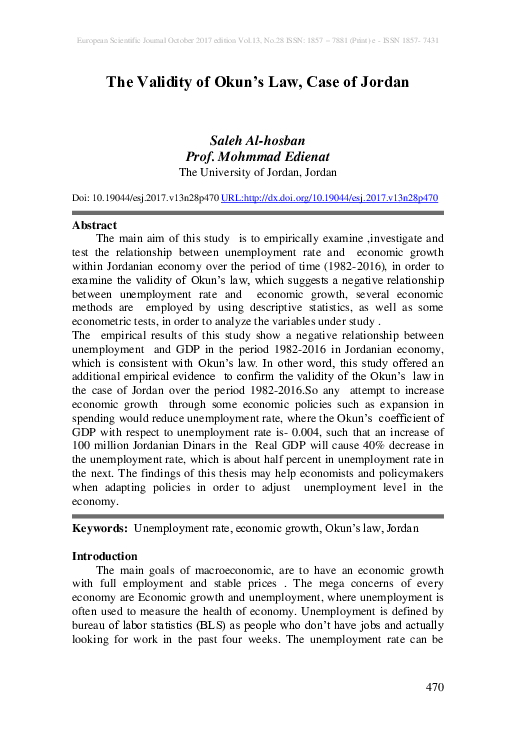 (PDF) The Validity of Okun's Law, Case of Jordan