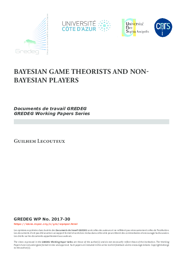 (PDF) Bayesian Game Theorists and non-Bayesian Players (PDF) Bayesian Game Theorists and non-Bayesian Players