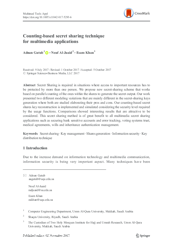 Pdf Counting Based Secret Sharing Technique For Multimedia Applications Adnan Gutub And Nouf 