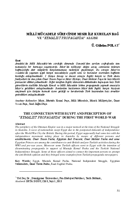 (PDF) MİLLİ MÜCADELE SÜRECİNDE MISIR İLE KURULAN BAĞ VE “KEMALİST ...
