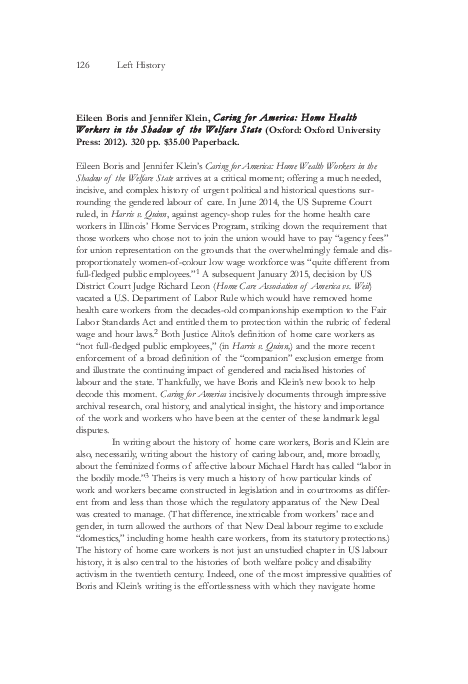 (PDF) Review of Eileen Boris and Jennifer Klein, Caring For America ...