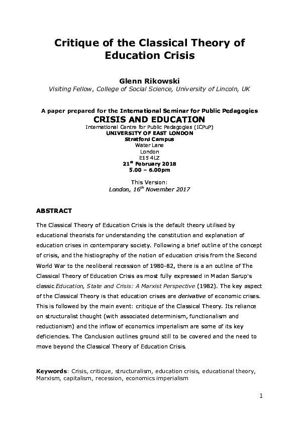 (PDF) Critique of the Classical Theory of Education Crisis