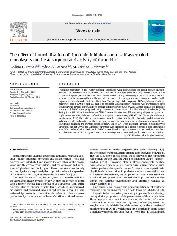 (PDF) The effect of immobilization of thrombin inhibitors onto self-assembled monolayers on the ...