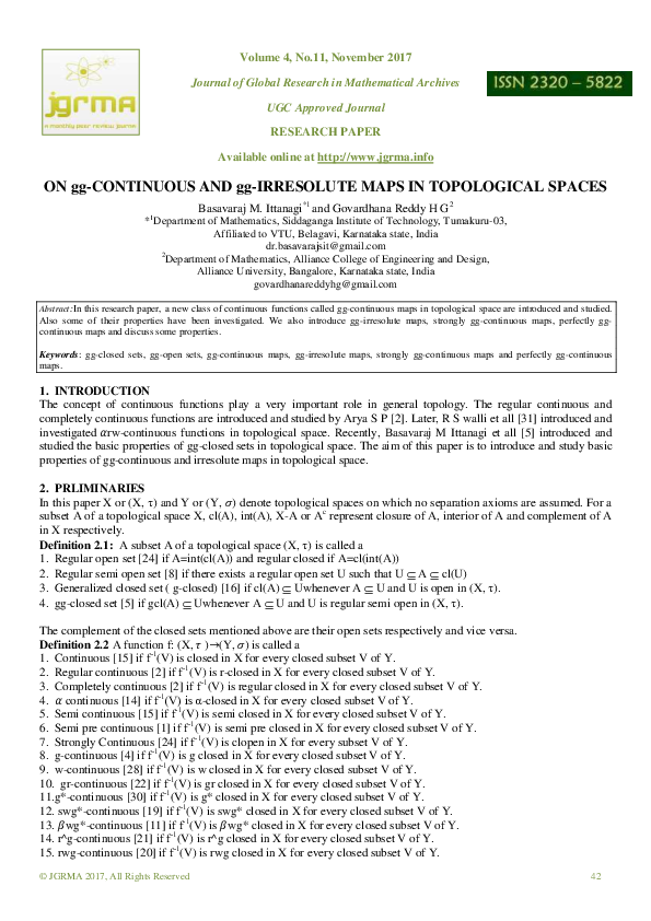 (PDF) ON gg-CONTINUOUS AND gg-IRRESOLUTE MAPS IN TOPOLOGICAL SPACES