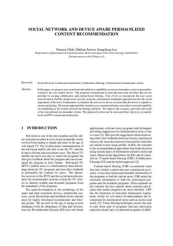 (PDF) Social Network and Device Aware Personalized Content Recommendation